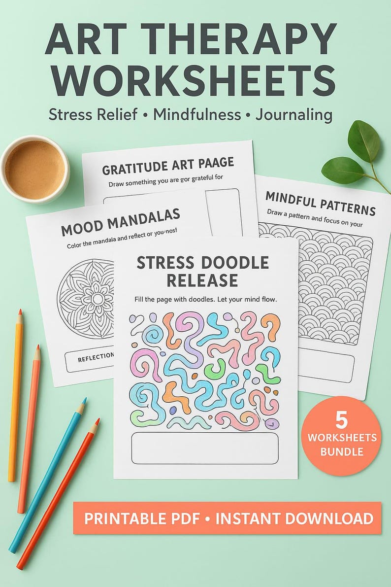 Art Therapy Worksheets: Stress Relief Coloring, Mindful Doodles (PDF ...