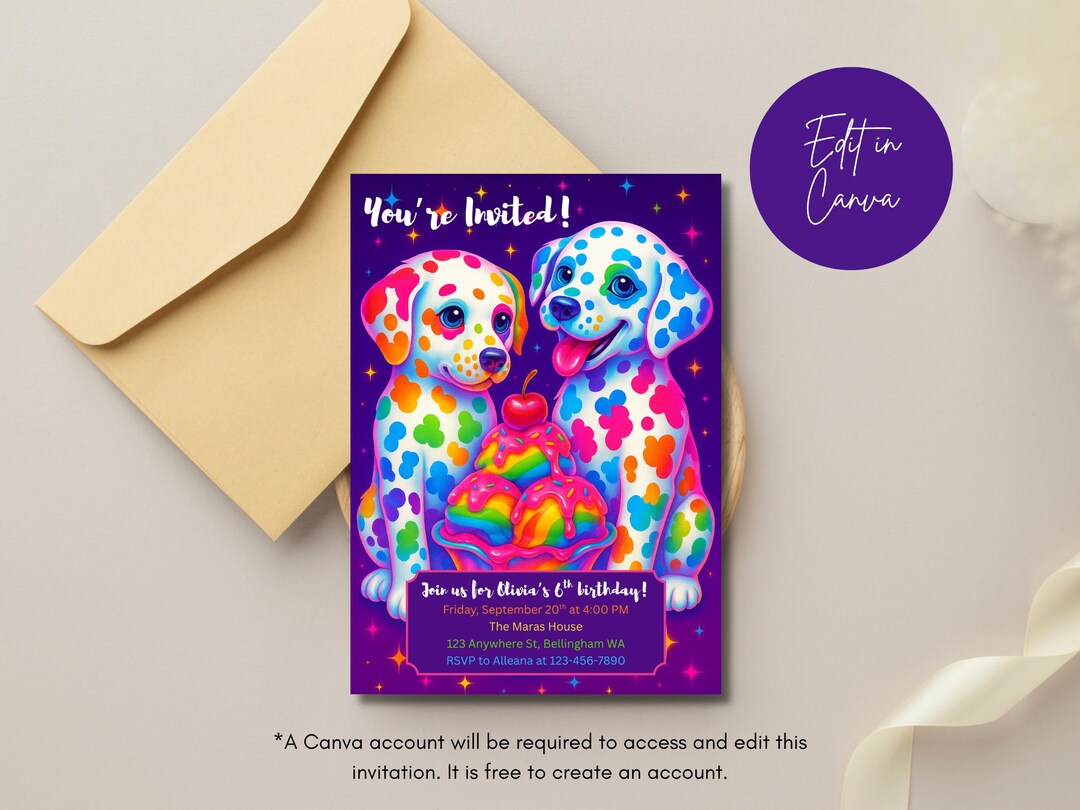 Rainbow Puppy Birthday Invitation, Personalized Lisa Frank Inspired ...