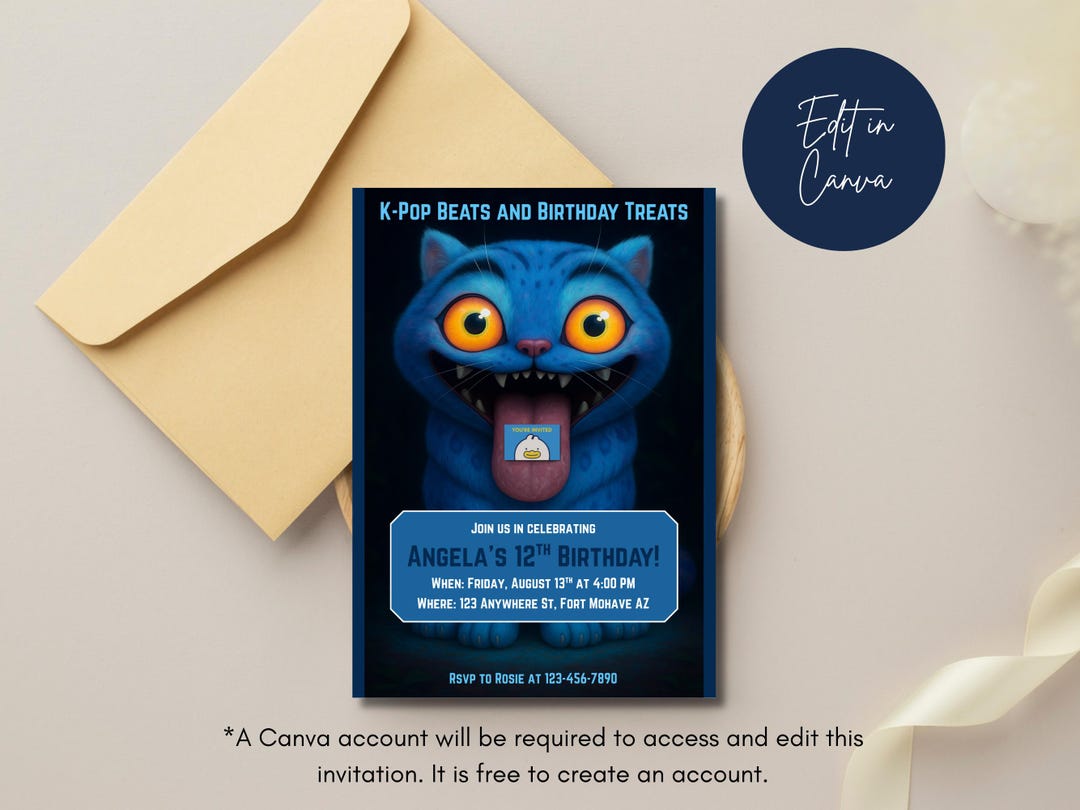 Derpy Blue Tiger Birthday Invitation for a K-pop Birthday Party ...