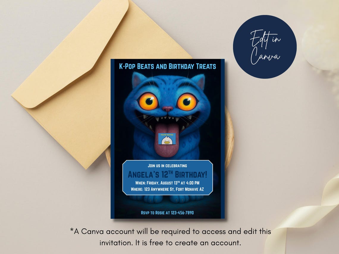 Derpy Blue Tiger Birthday Invitation for a K-pop Birthday Party ...