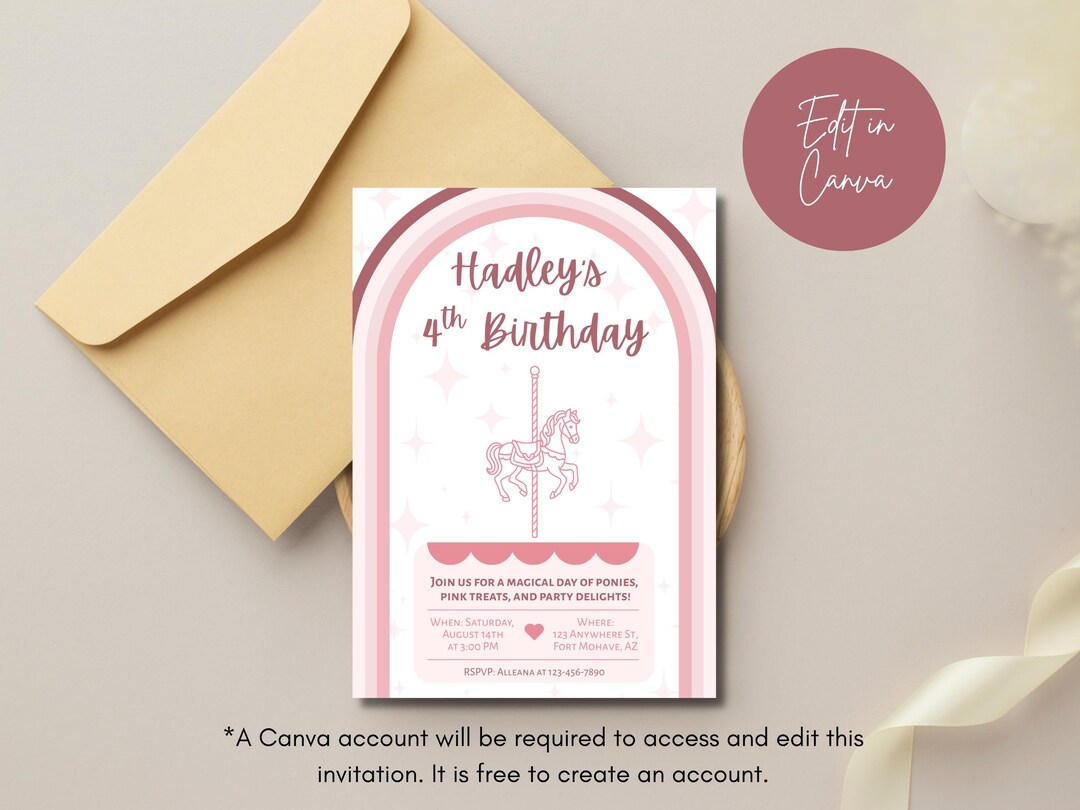 Pink Carousel Birthday Invitation, Pink Pony Invitation, Personalized ...