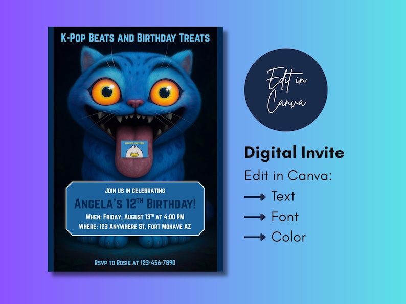 Derpy Blue Tiger Birthday Invitation for a K-pop Birthday Party ...