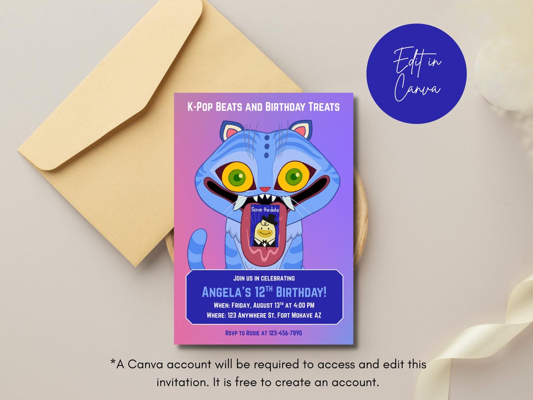 Derpy Tiger Cartoon Party Invite, Personalized Kpop Demon Hunters ...