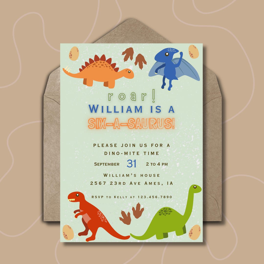 SIX-A-SAURUS Sixth Birthday Invitation Template: Dinosaur Theme ...