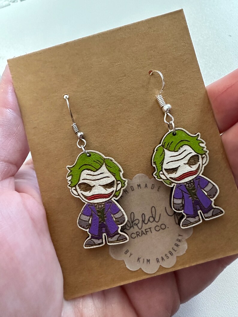 Handpainted Joker Dangle Earrings – Laser Cut Wood, Horror Movie ...