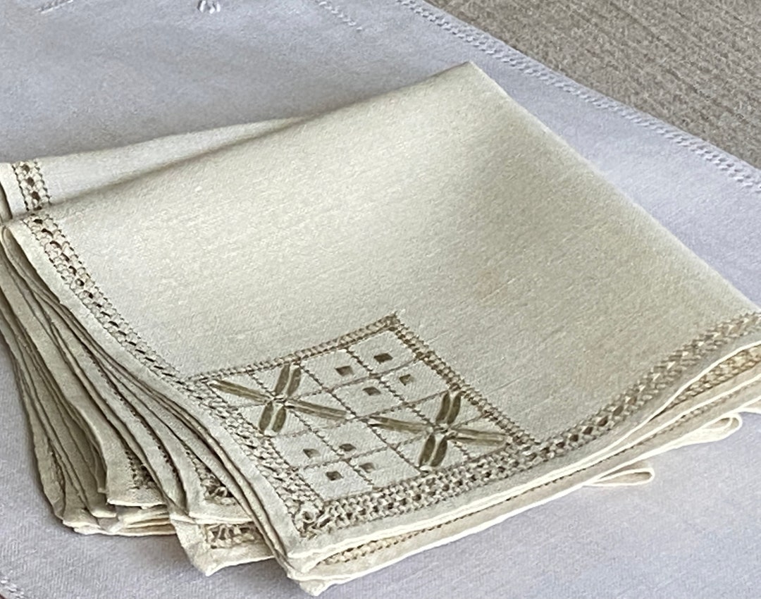 5 Fine Italian Linen Napkins Ecru/cream With Taupe Hand Embroidery ...