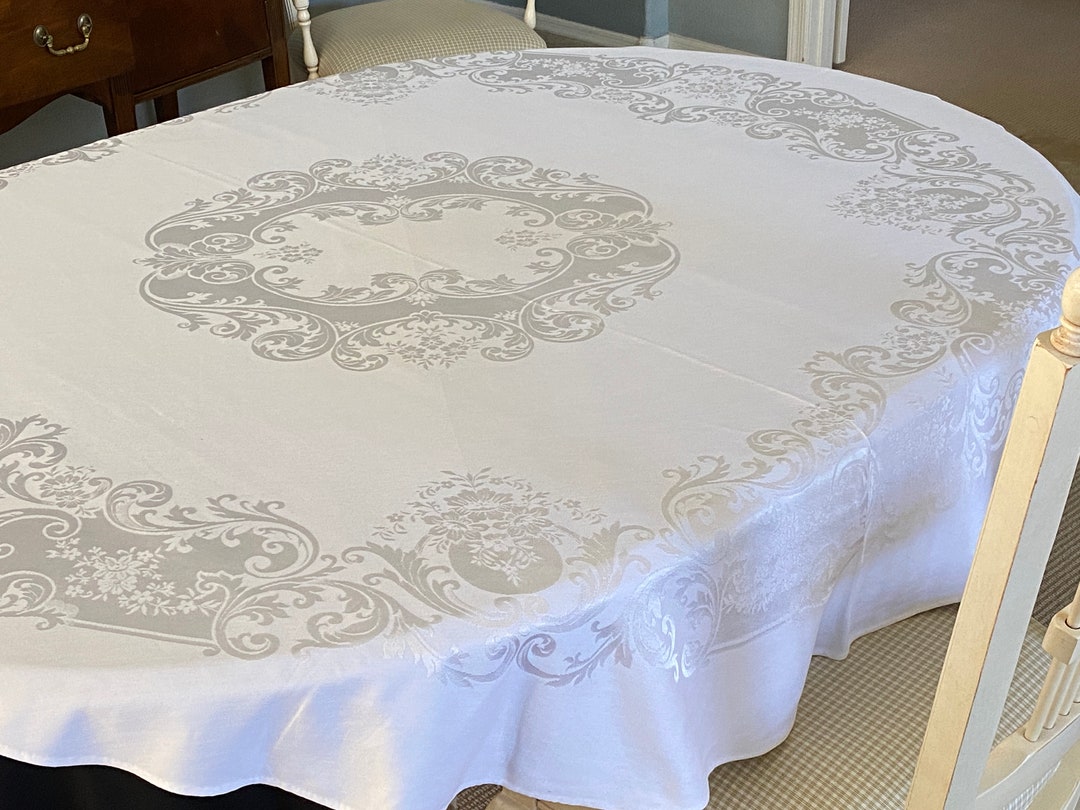 White on Silver Damask Tablecloth Rayon/cotton Blend, Oblong Tablecloth ...