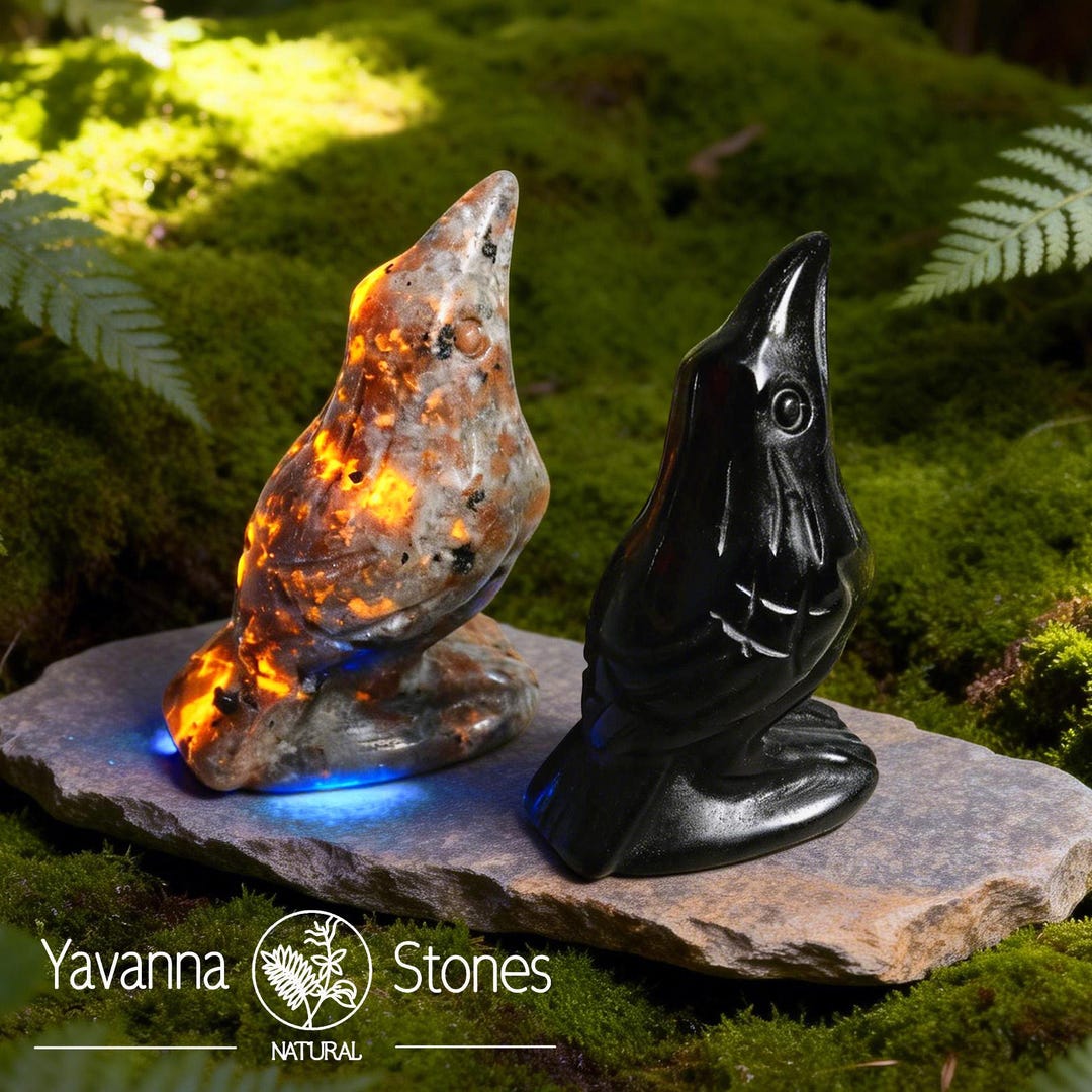 Yooperlite Crow Statue, UV Reactive Sodalite Crystal Figurine, Black ...