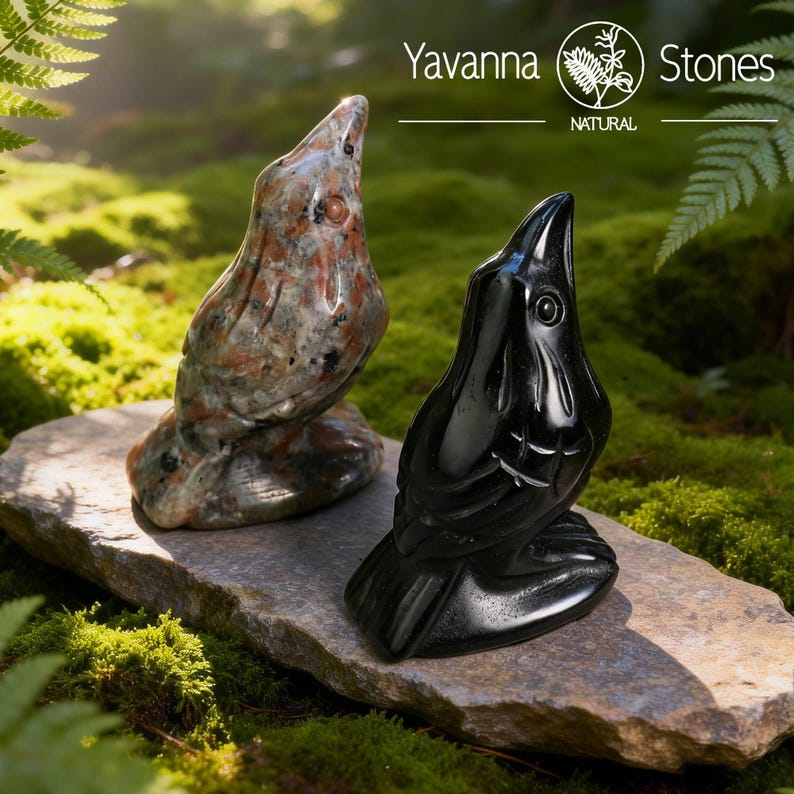 Yooperlite Crow Statue, UV Reactive Sodalite Crystal Figurine, Black ...