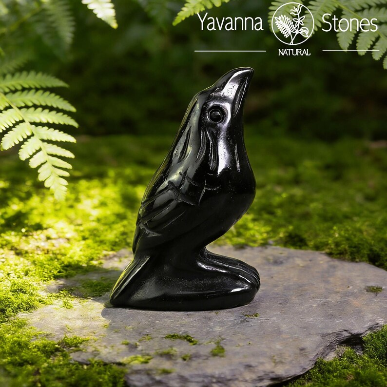 Yooperlite Crow Statue, UV Reactive Sodalite Crystal Figurine, Black ...