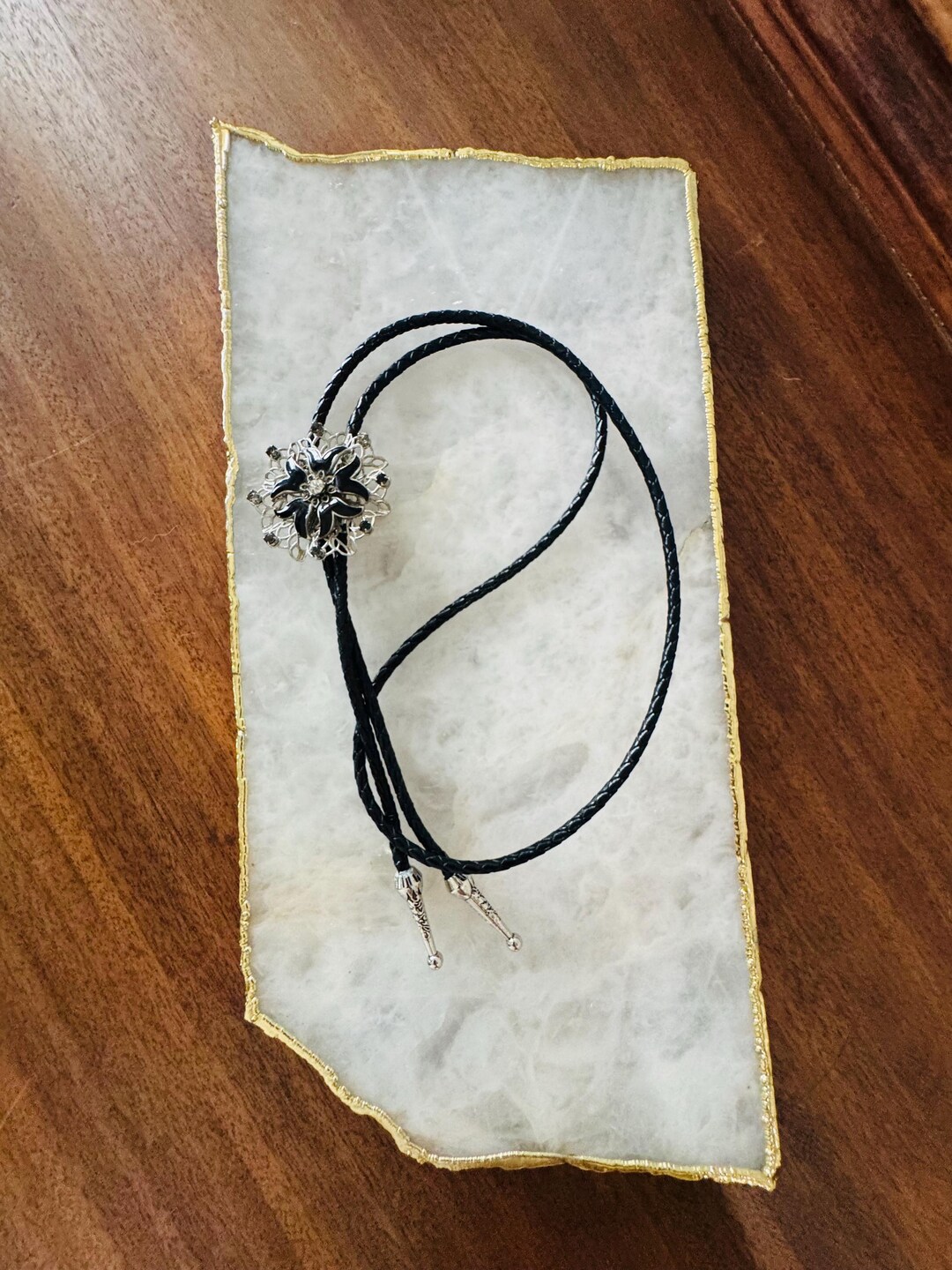 Ornate Tuliped Brooch Bolo Tie: Handcrafted Black Leather Cord, Silver ...
