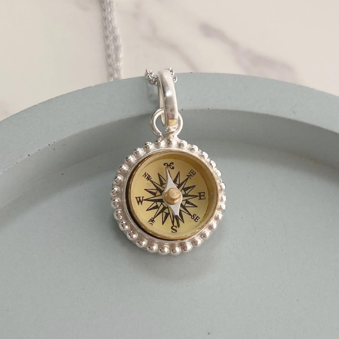 Tiny Sterling Silver Working Compass Necklace With Engraving ...