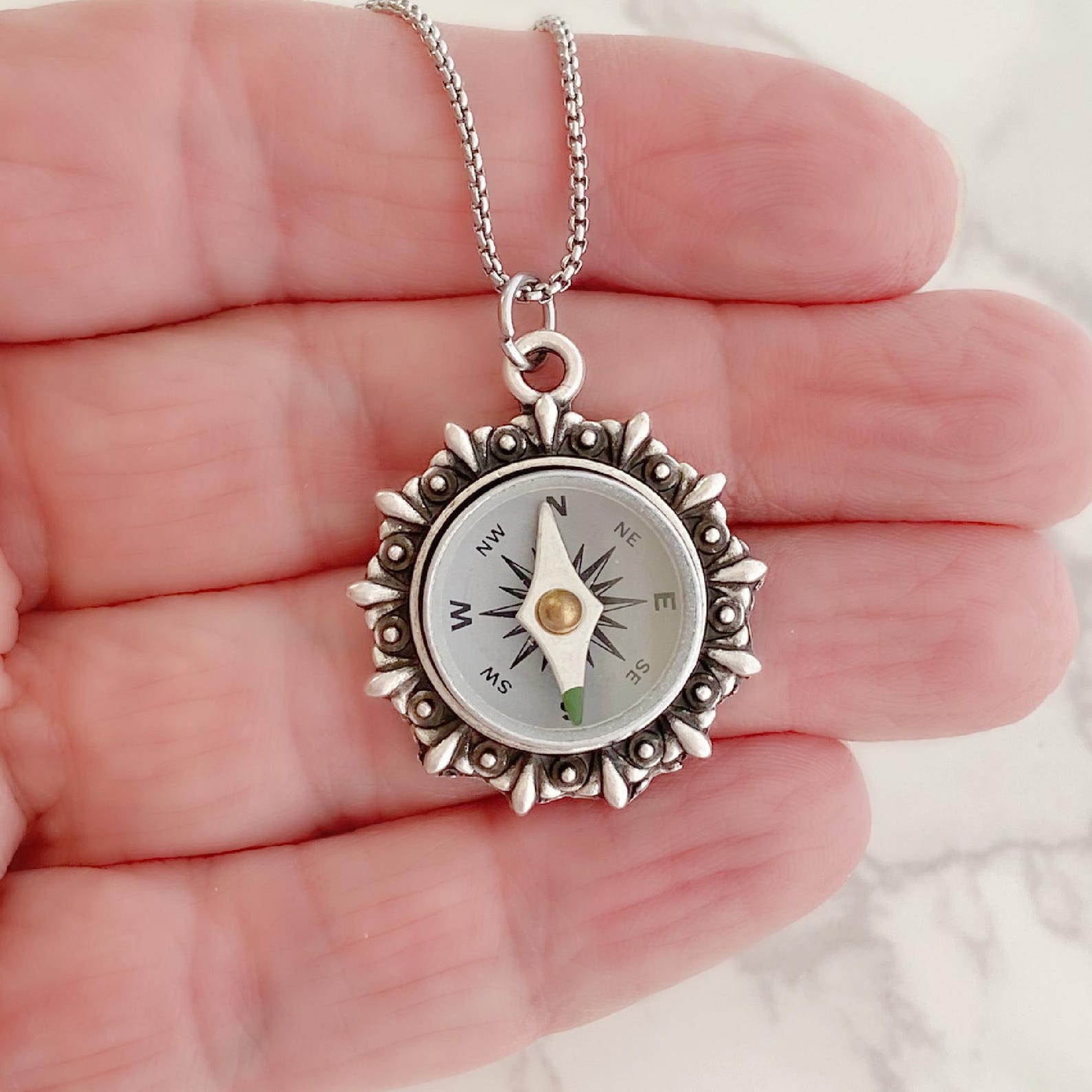 Silver Working Compass Necklace, Personalized Engraved Compass Pendant ...