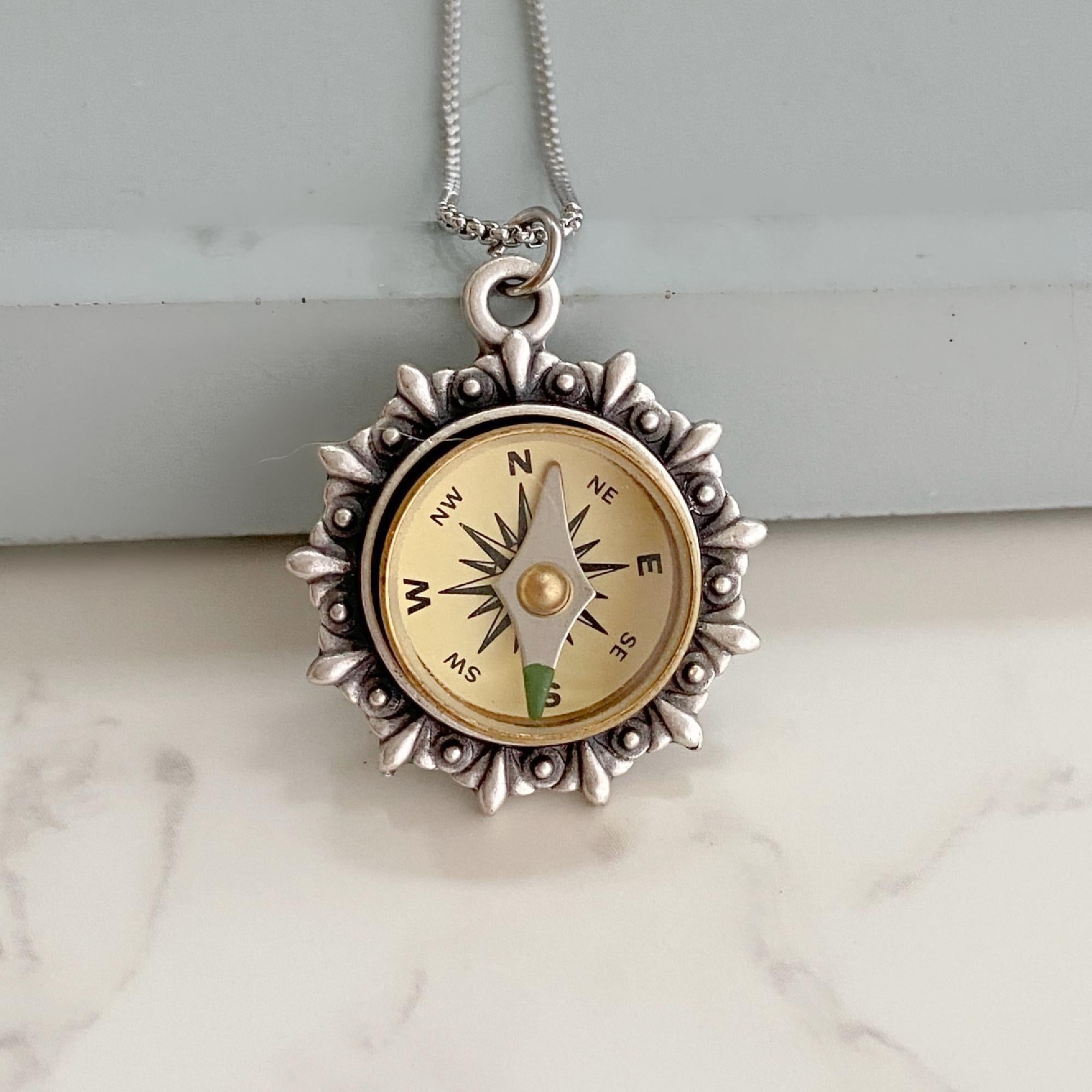 Engraved Working Compass Necklace, Antique Silver Travel Jewelry - Etsy