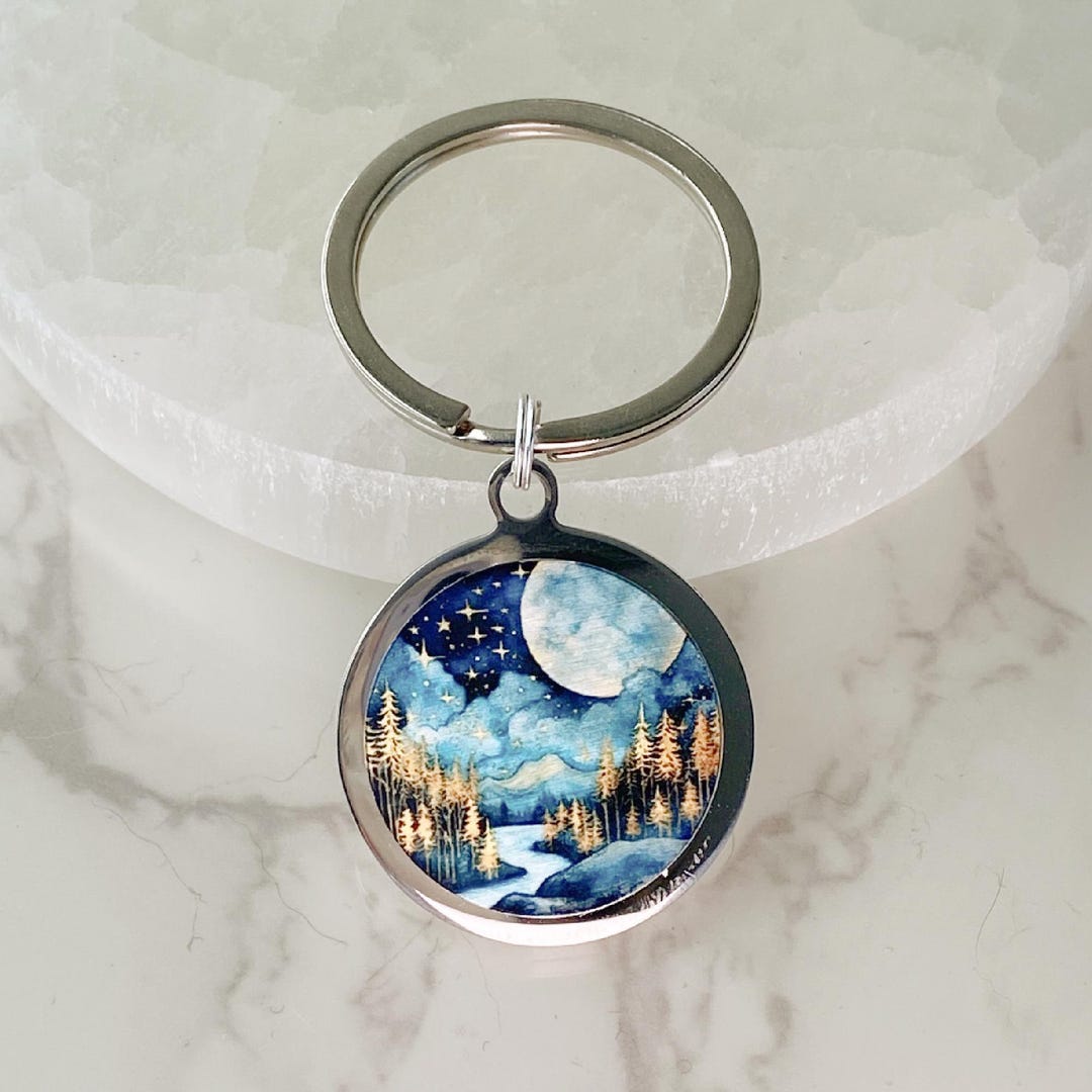 Custom Engraved Full Moon River Key Chain, Personalized Silver Keychain ...
