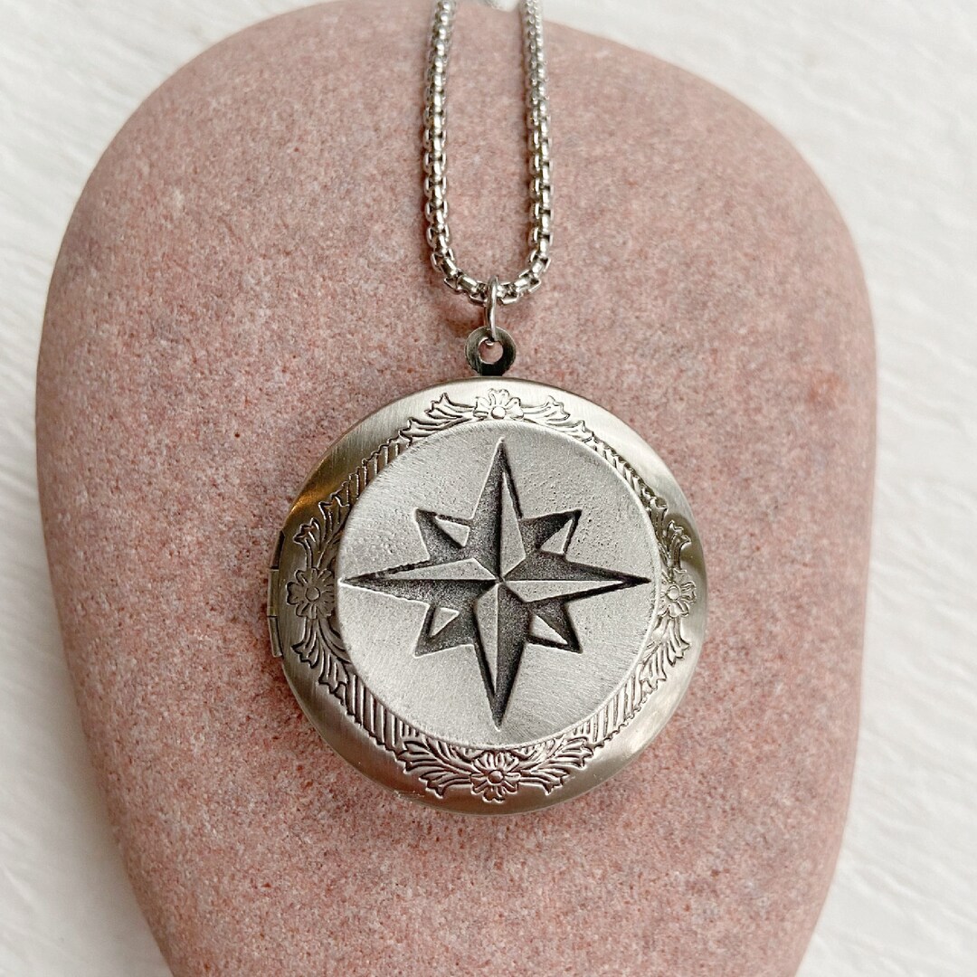 Compass Rose Locket Necklace With Photos Unisex Photo Locket 32mm Silver Round Compass Pendant