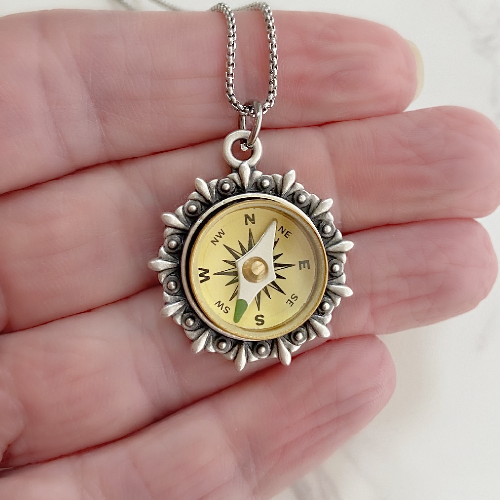 Engraved Working Compass Necklace, Antique Silver Travel Jewelry - Etsy