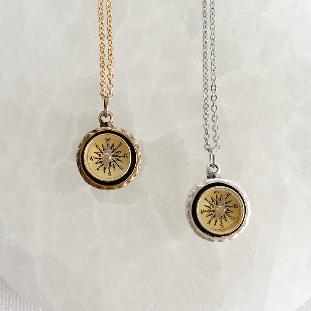 Custom Engraved Small Working Compass Necklace, Antique Gold or Silver ...