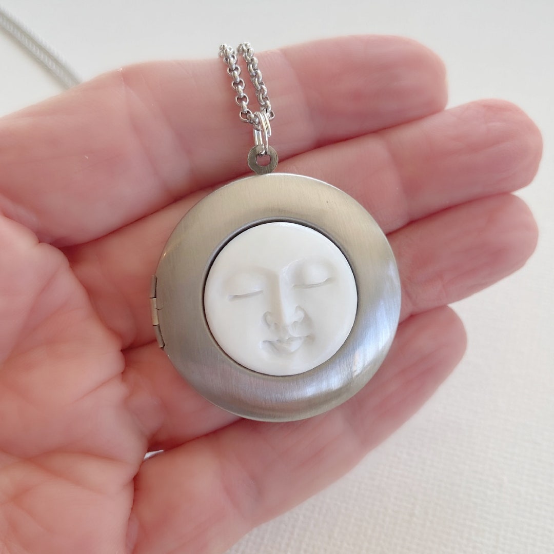 Hand Carved Sleeping Moon Face Locket Necklace With Photos, Mother of ...