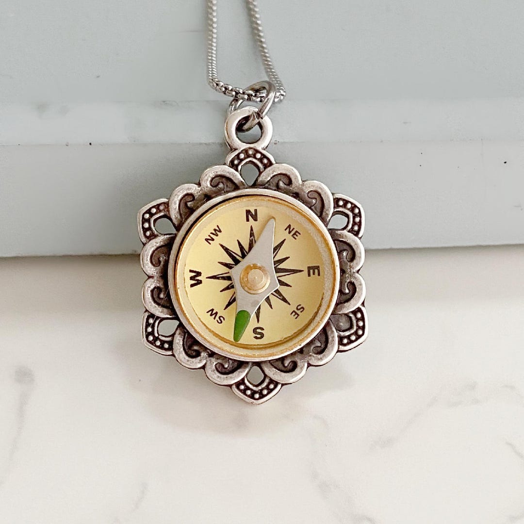 Working Compass Necklace in Silver Flower Setting, Antique Style ...