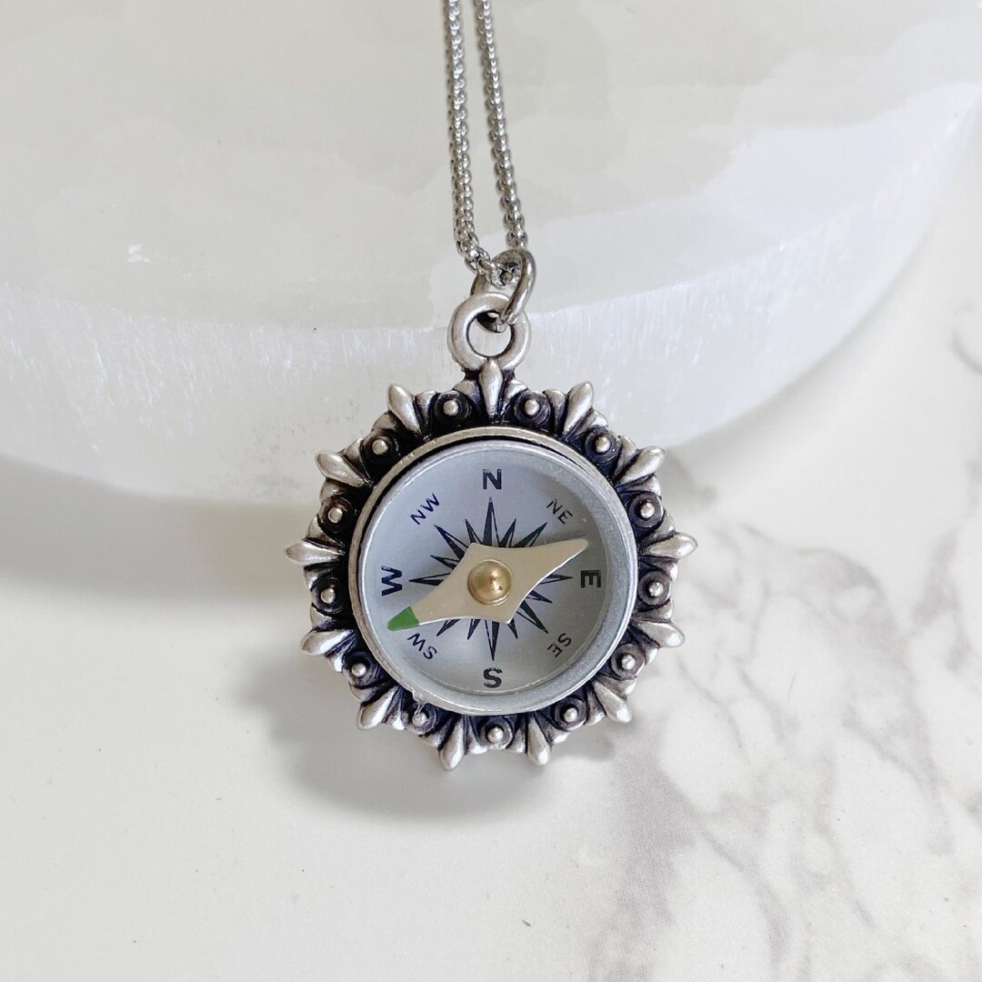 Silver Working Compass Necklace, Personalized Engraved Compass Pendant ...