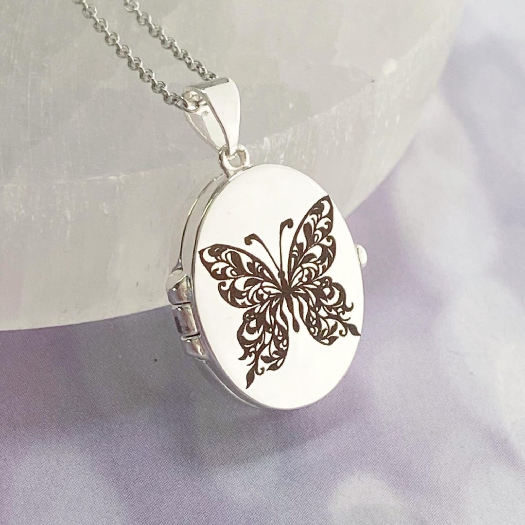 Silver Butterfly Oval Locket Necklace, Personalized Engraved With ...
