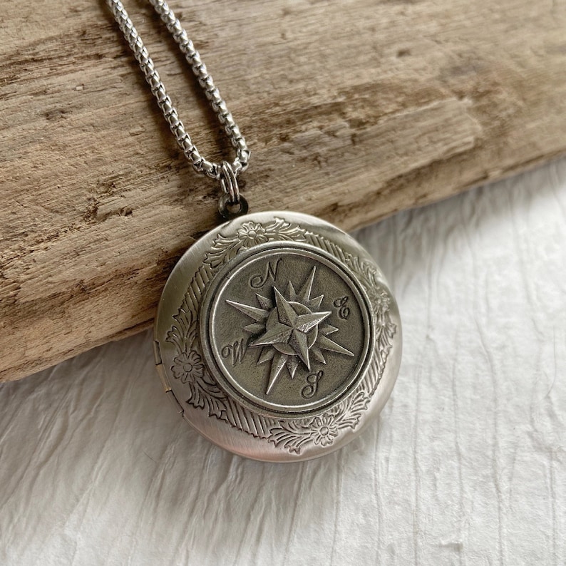 Modern Silver Compass Locket Necklace Locket With Photos - Etsy