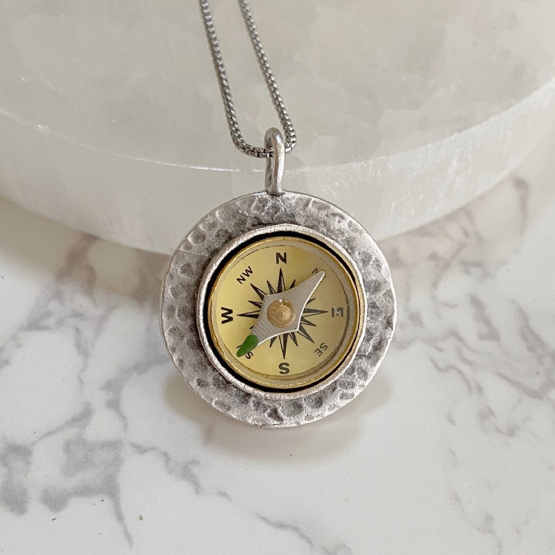Silver Working Compass Necklace, Round Hammered Pendant, Engraved ...