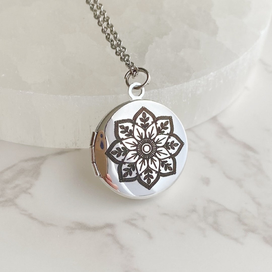 Custom Engraved Silver Mandala Locket Necklace Small Picture Locket ...