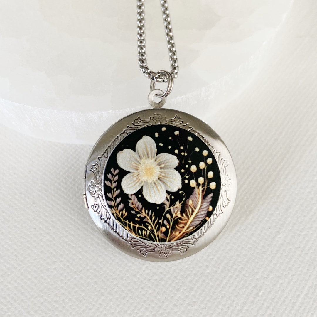 STACIE Locket Modern Floral Photo Locket Necklace, Silver Picture ...