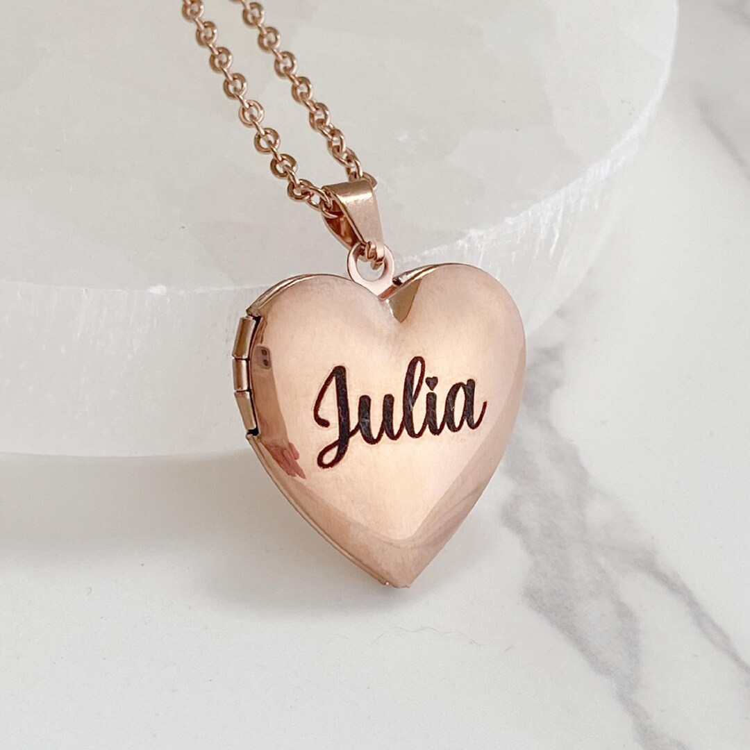 Custom Engraved Rose Gold Heart Locket, Personalized Heart Necklace ...