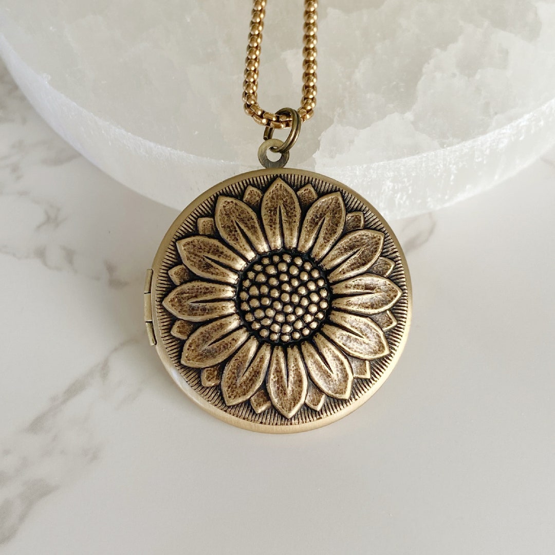 Gold Photo Locket Necklace, Personalized Sunflower Locket With Pictures ...