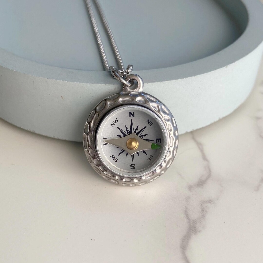Engraved Silver Compass Necklace, Working Compass Jewelry, Personalized ...