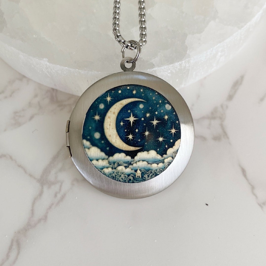 Moon and Stars Photo Locket Necklace, Silver Locket With Pictures ...