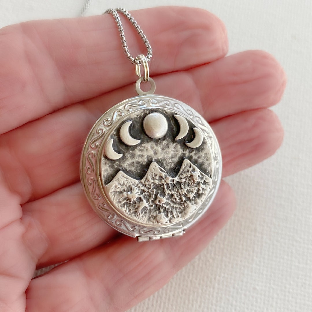 Mountain Range Moon Phase Locket Necklace, Silver Locket With Photos ...