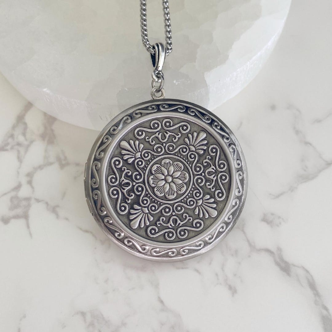 Extra Large Antique Silver Embossed Locket Necklace | Vintage Statement ...