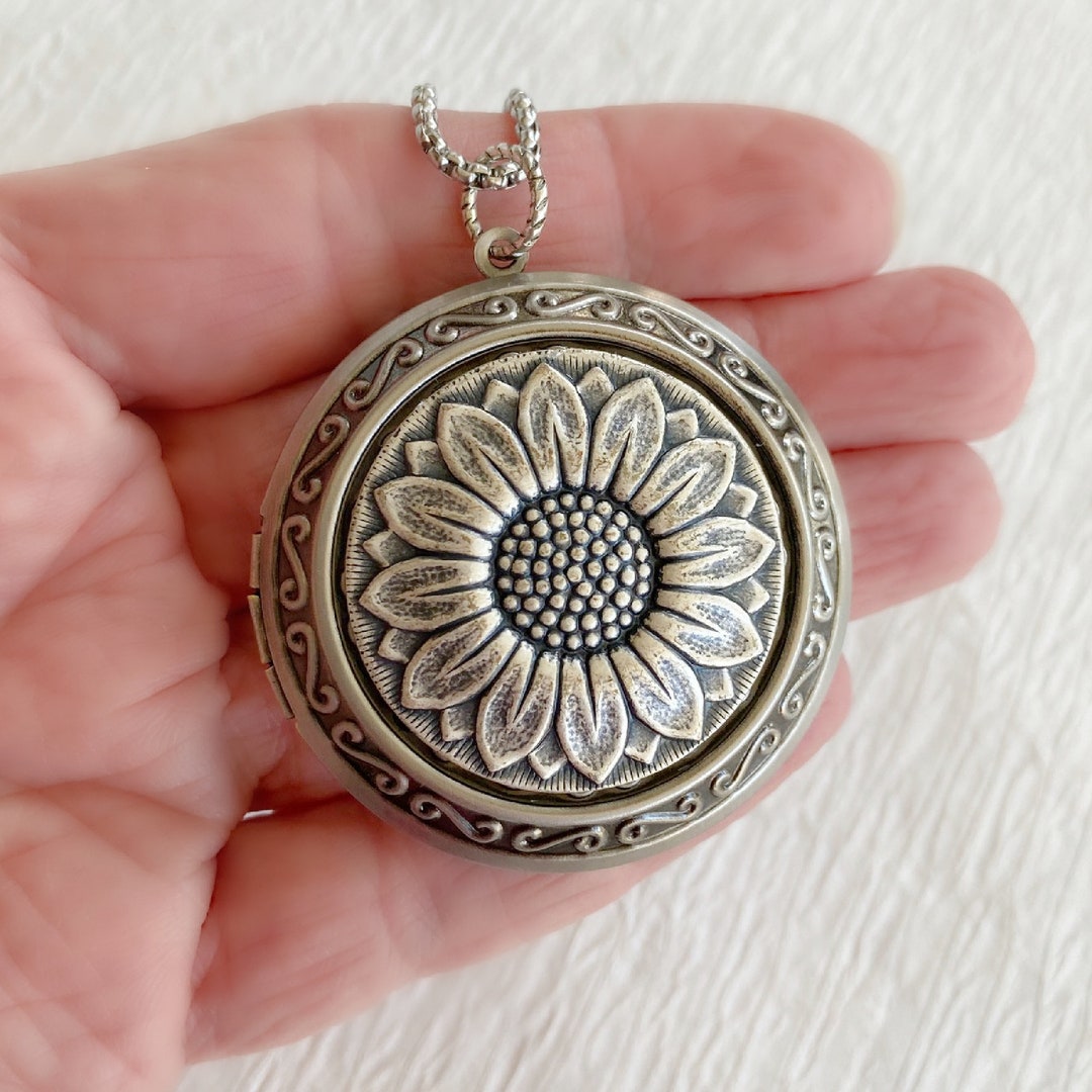 Extra Large Silver Sunflower Locket Necklace With Photos, Antique ...