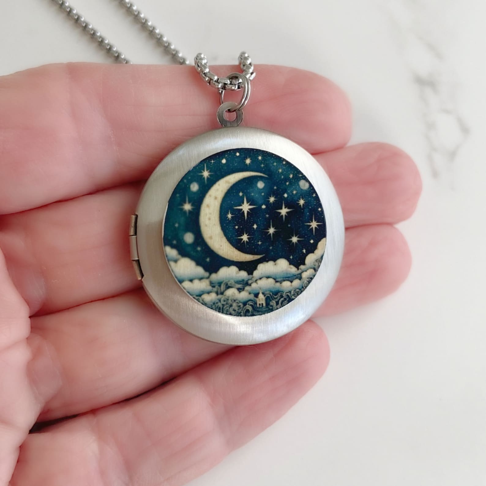 Moon and Stars Photo Locket Necklace, Silver Locket With Pictures ...