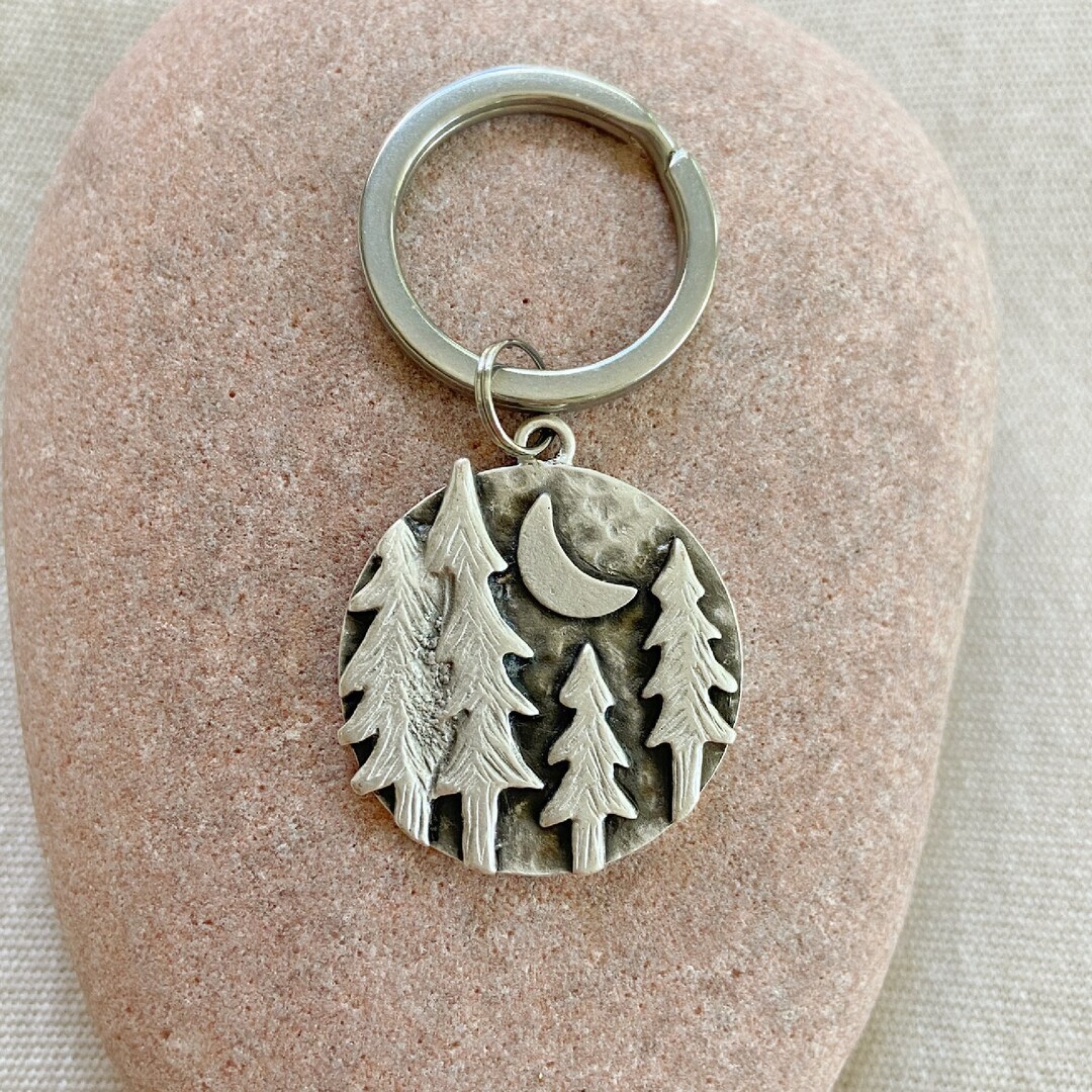 Silver Tree Keychain, Pine Tree and Moon, Gift for Him, Large Tree Key ...