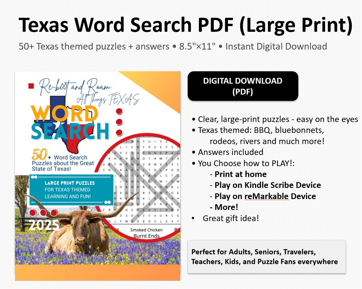 Texas Word Search Puzzle Book: Large Print Fun (digital Download PDF ...