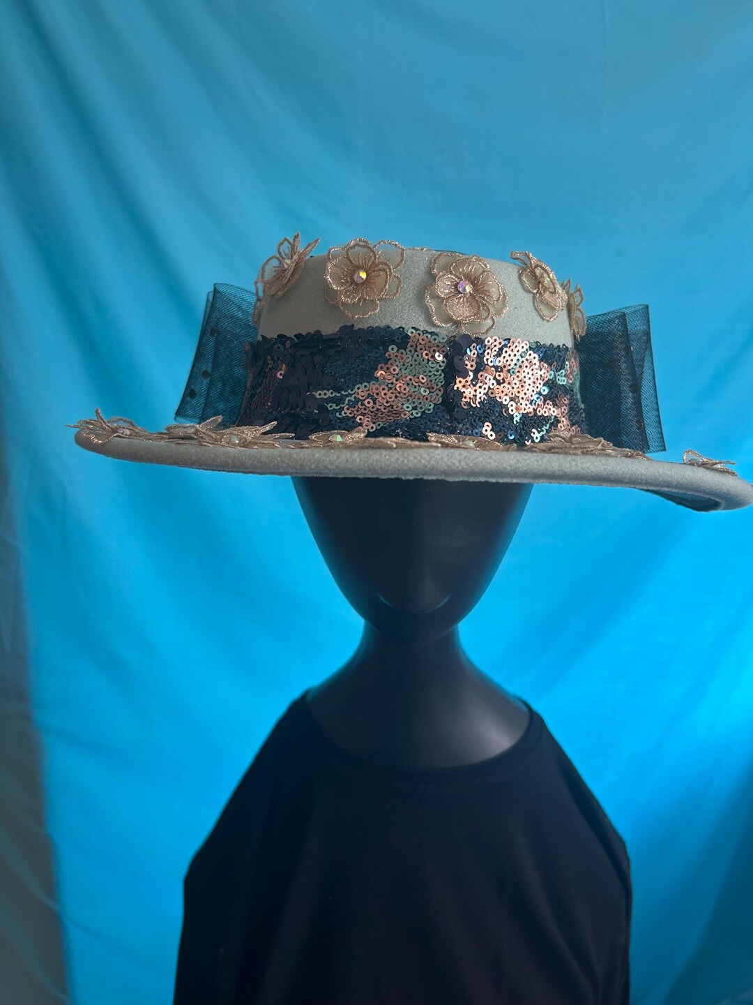 Aqua Felt Derby Hat, Rose Gold Flowers, Sequin Band - Etsy