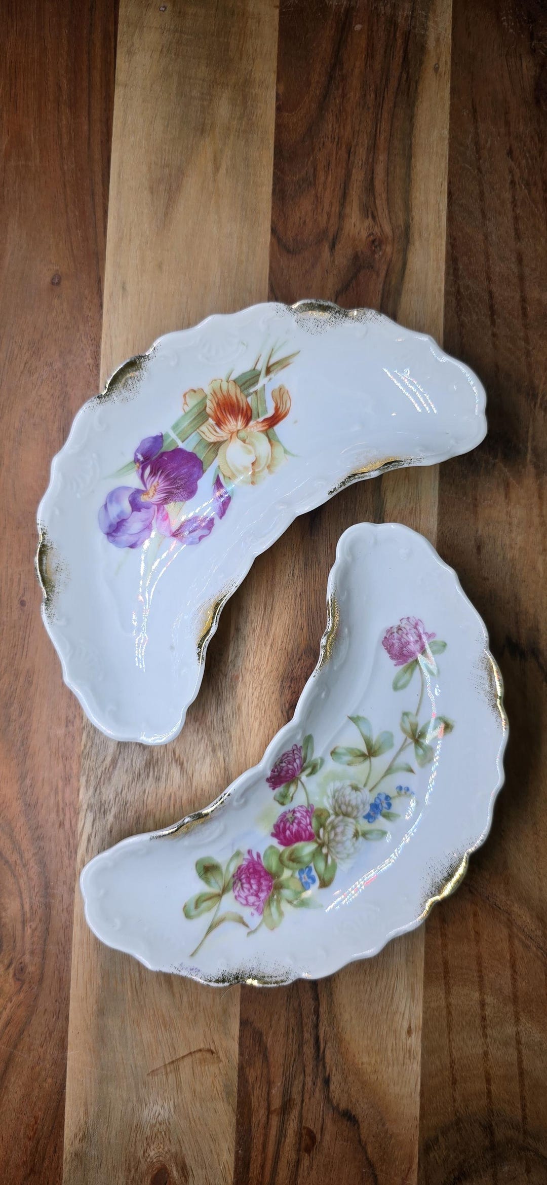 Vintage German Porcelain Crescent Trinket Dish Set Floral Gold Trim - Etsy