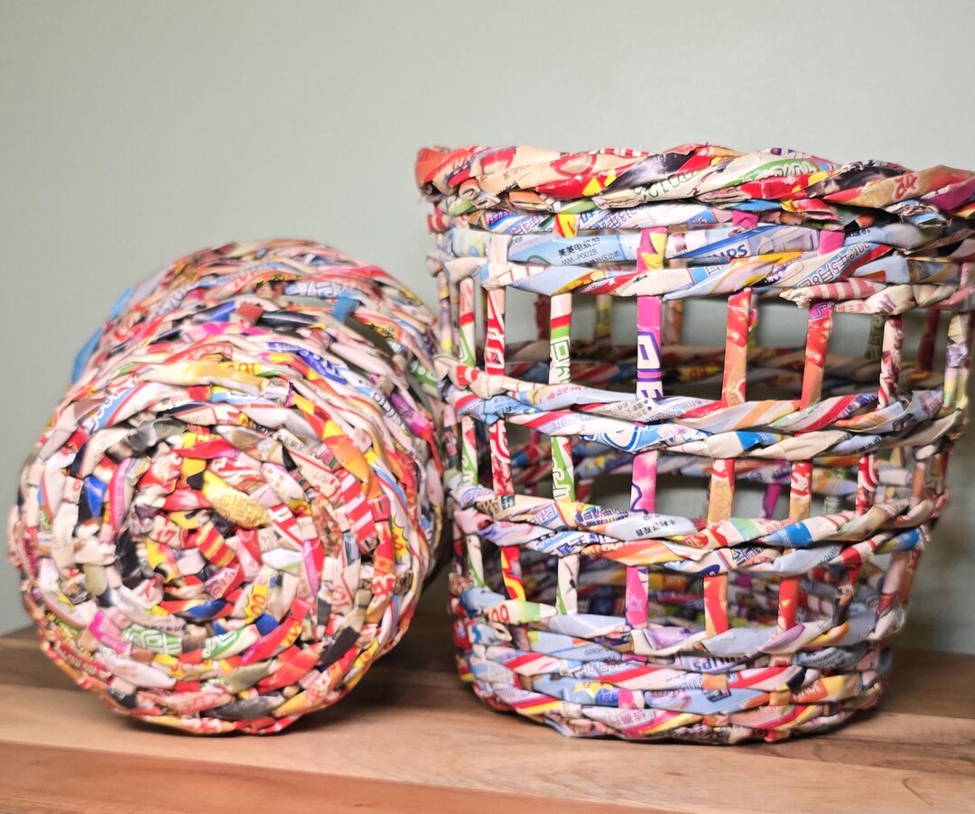 Handmade Recycled Paper Nesting Baskets Colorful Upcycled Storage Pair ...
