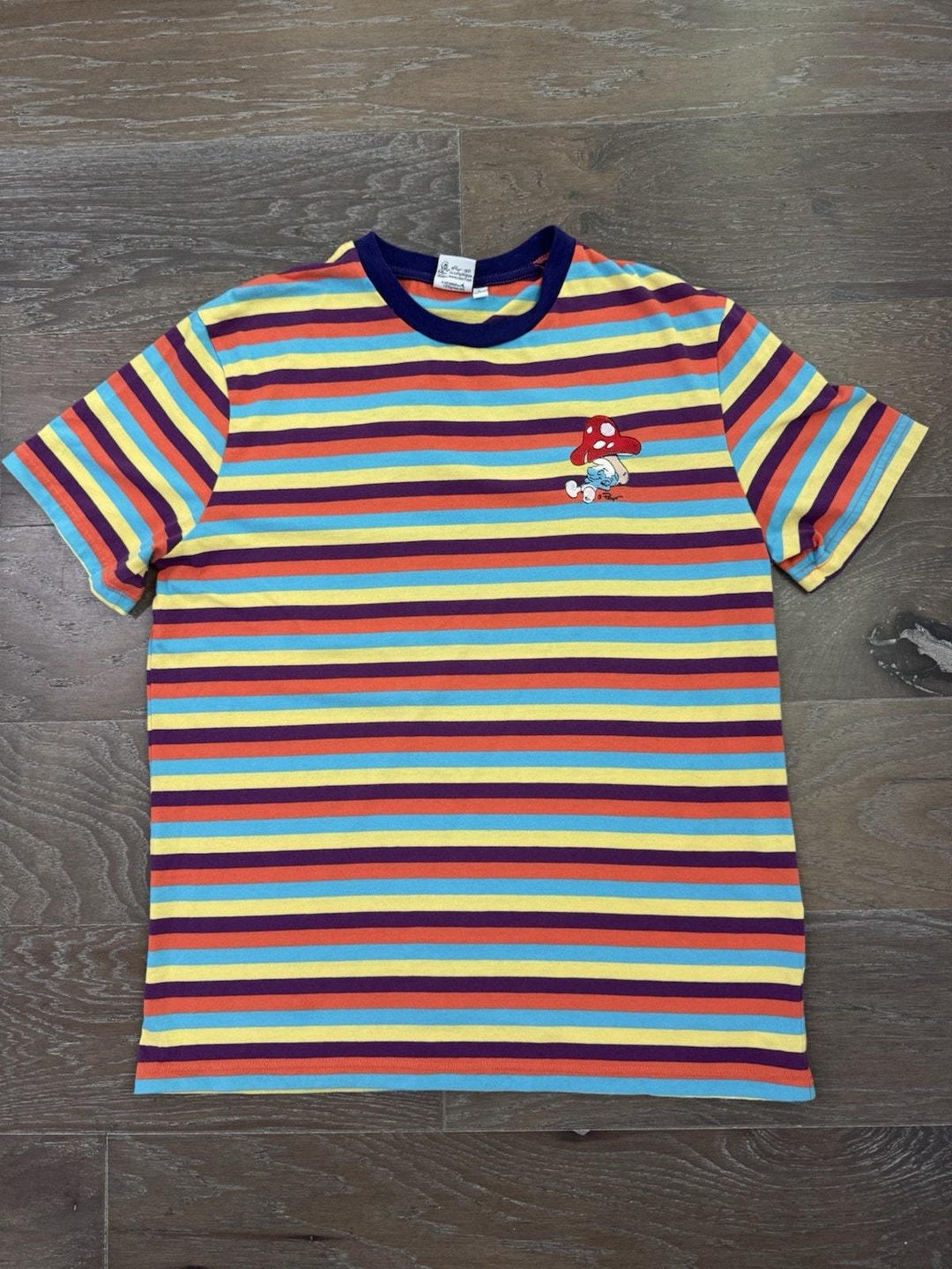 The Smurfs Embroidered Mushroom Rainbow Stripe Tee Shirt Cartoon Sz ...