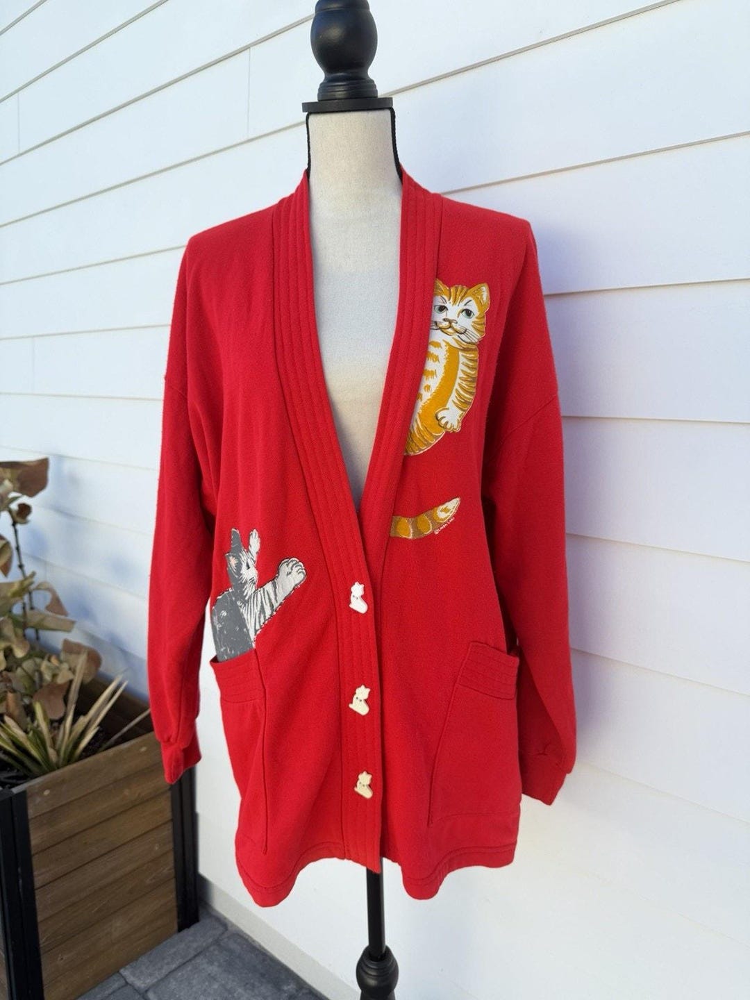 Vintage Linda Lori NY Women Large Cardigan Sweater Red Cat 80s 90s Cat ...