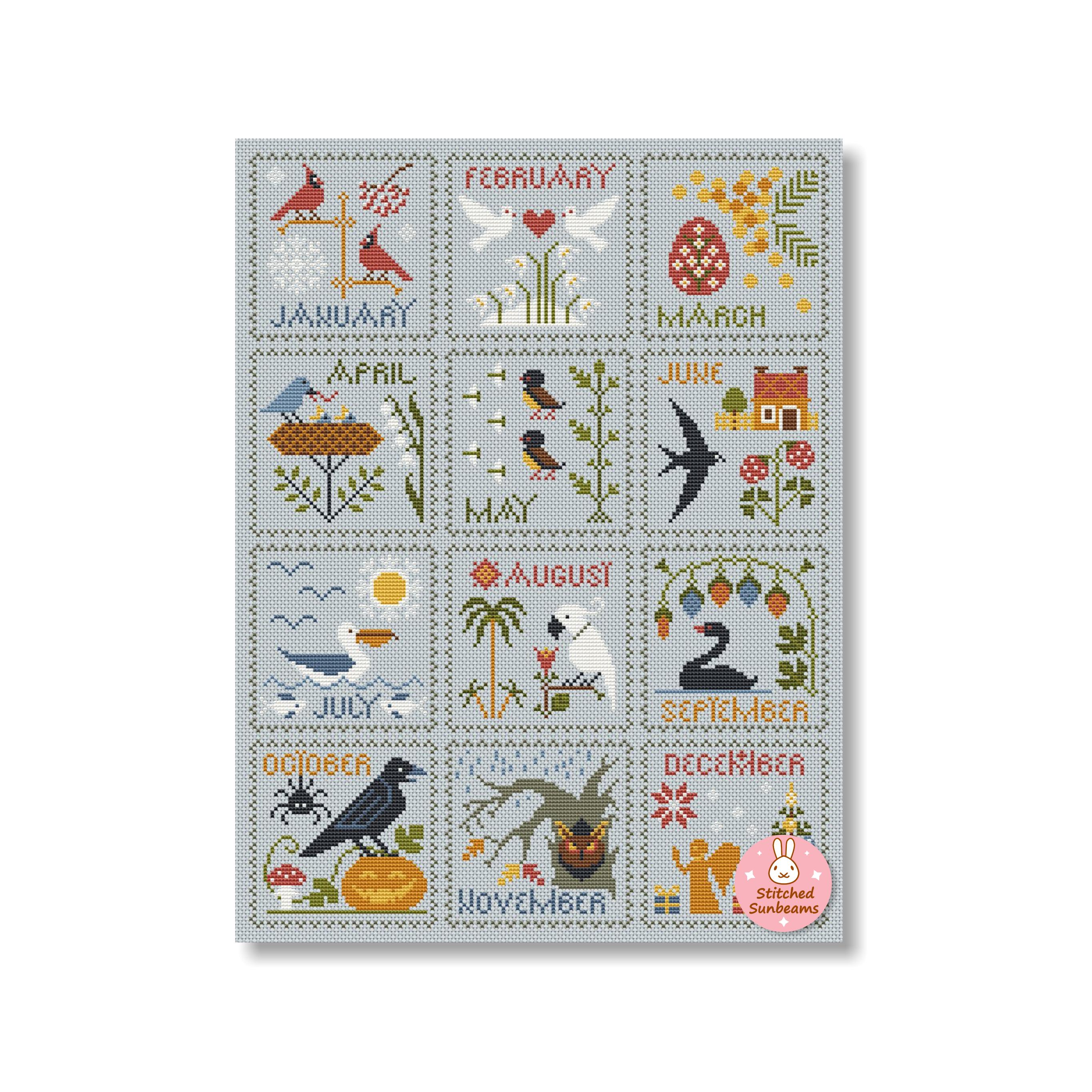 Bird Calendar Cross Stitch Pattern: 12 Month Sampler Primitive (PDF ...