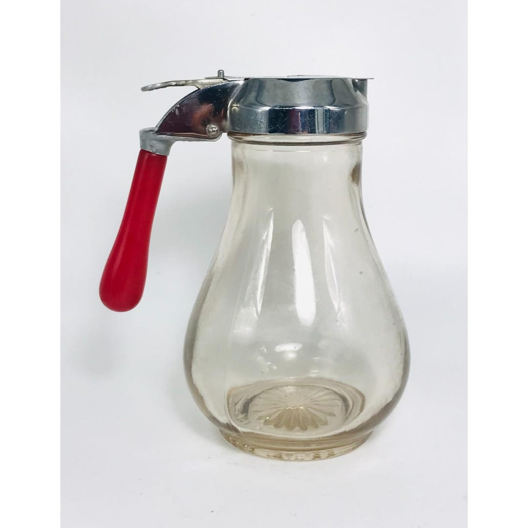 Vintage Glass Syrup Pitcher Red Bakelite Heavy Drip Cut 5.5" - Etsy