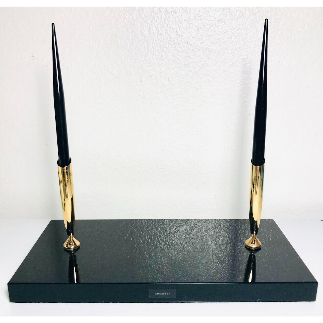 Vintage Sheaffer Double Desk Set Ballpoint & Fountain Pen Black Glass ...