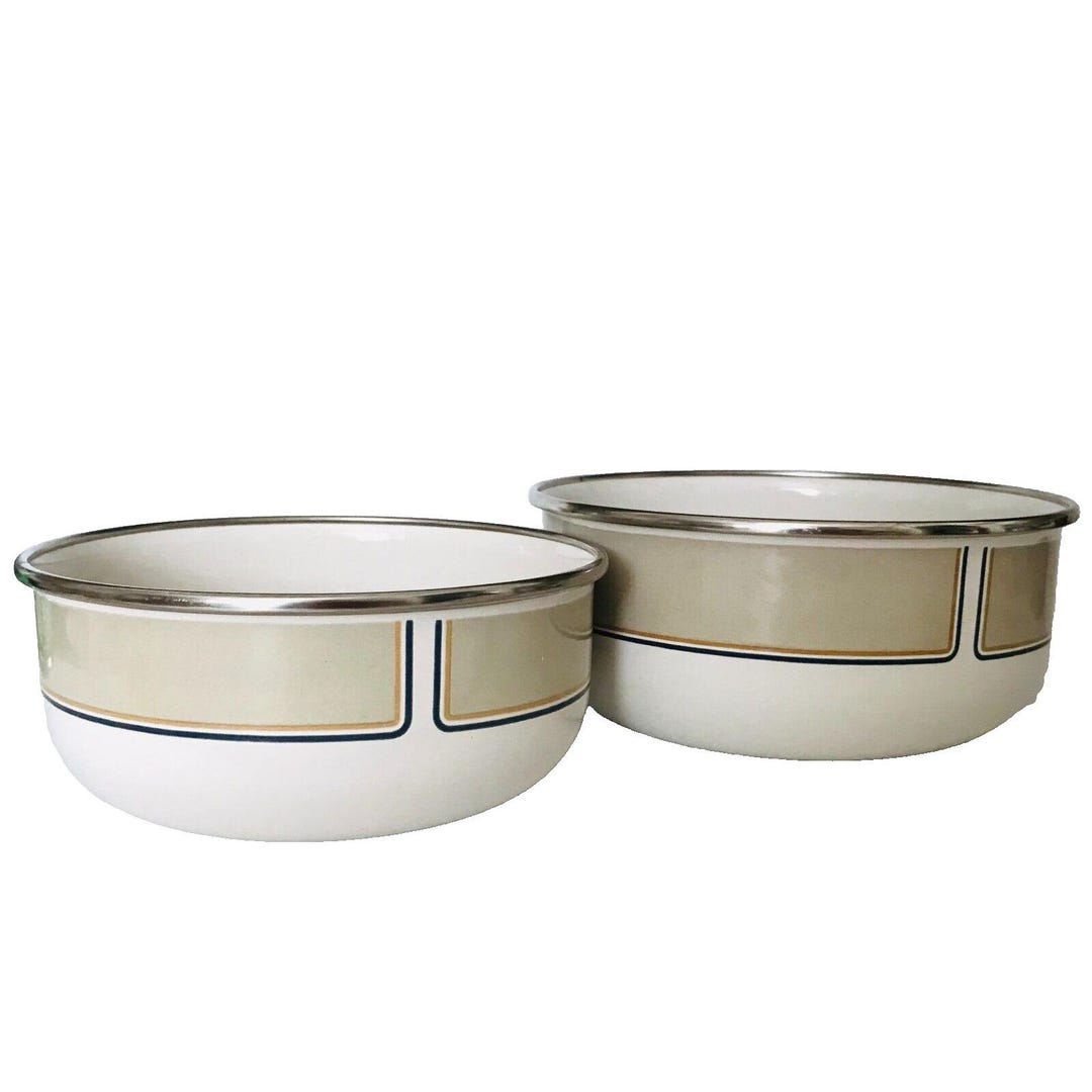 2 Kobe Kitchen Enamelware Nesting Bowls Color Block MCM 2 Sizes White ...