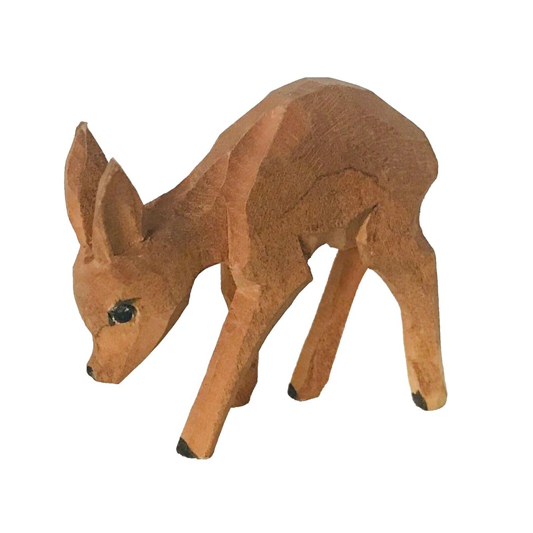 Hand Carved Wood Deer Fawn Sculpture Wildlife Animal Figure Folk Art ...